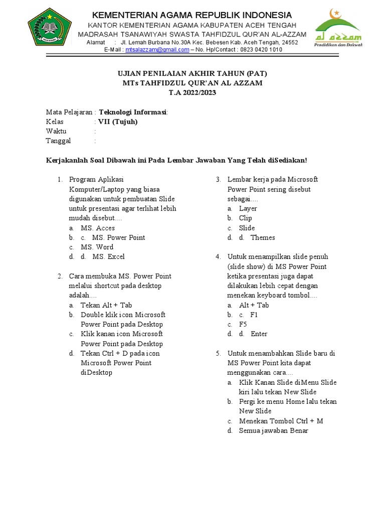 Format Kop Soal Pat Model 2 | PDF