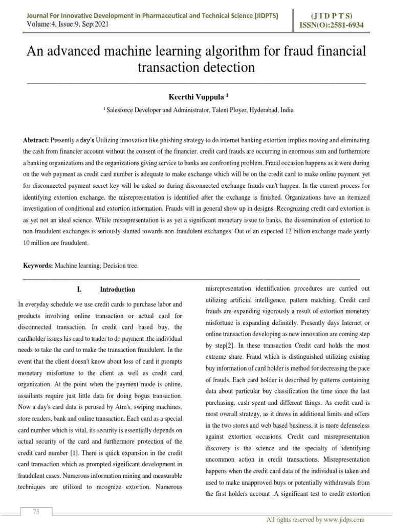 An Advanced Machine Learning Algorithm For Fraud Financial Transaction Detection | PDF | Credit ...