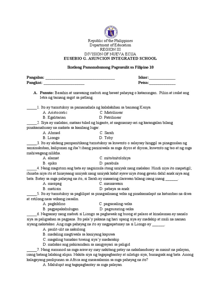 Egais - Filipino 10-Pt-Answer Key-Tos | PDF