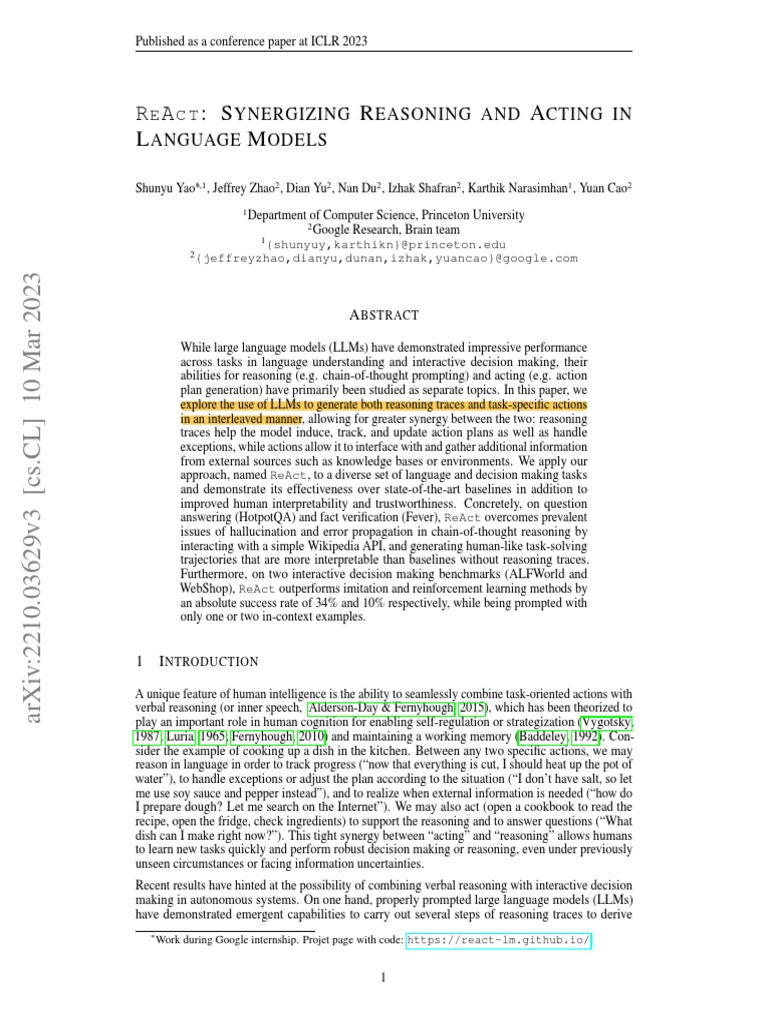 React - Synergizing Reasoning and Acting in Language Models | PDF | Thought | Reason