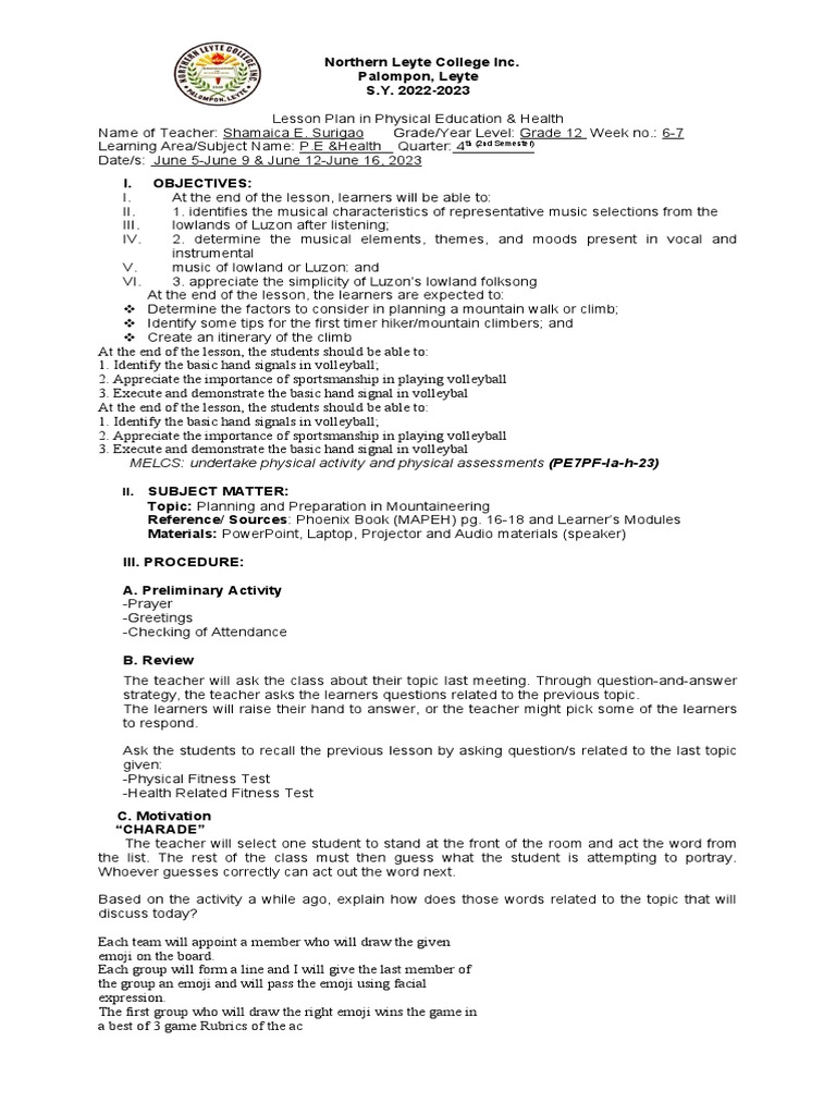 LESSON PLAN PE & HEALTH 12 (6) | PDF | Hiking | Lesson Plan