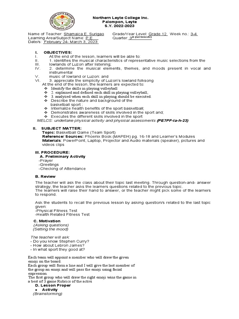 Lesson Plan Pe & Health 12 | PDF | Teachers | Hand