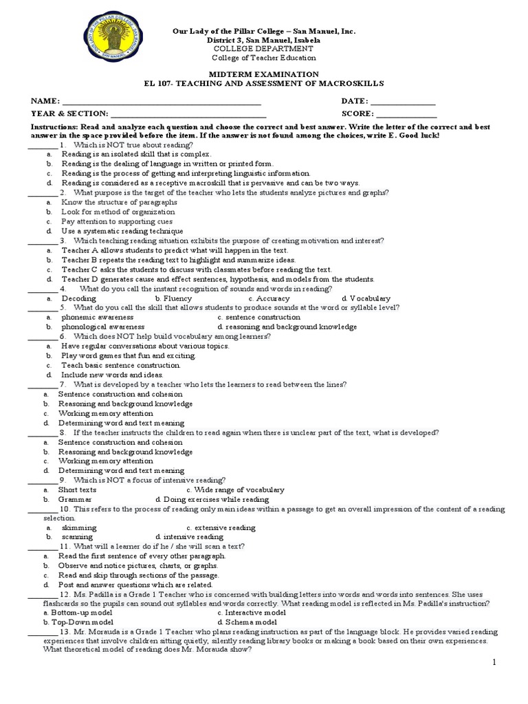 EL 107 Midterm | PDF | Reading Comprehension | Neuroscience
