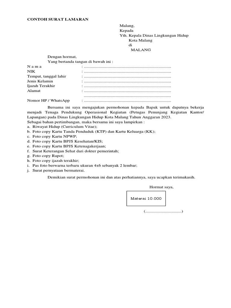 Contoh Surat Lamaran, Surat Pernyataan, Riwayat Hdup Th. 2023 | PDF