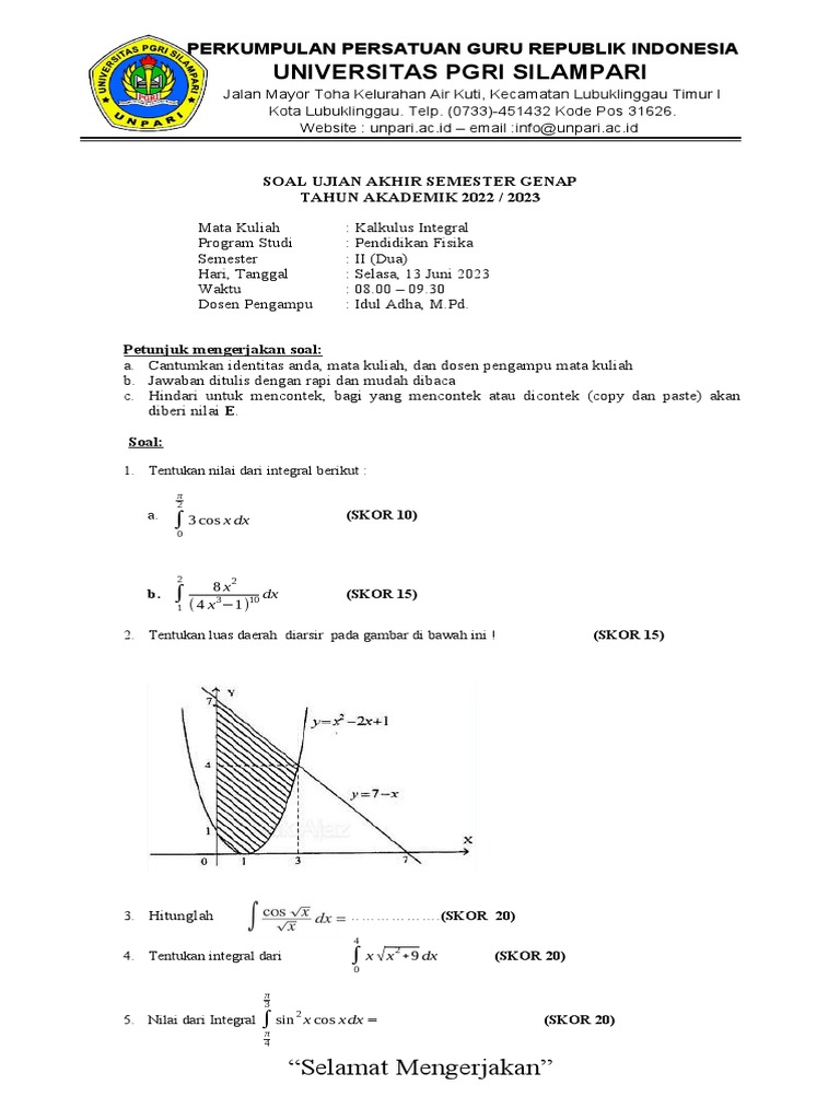 Soal Uas Kalkulus Integral Fisika 2022-2023 | PDF