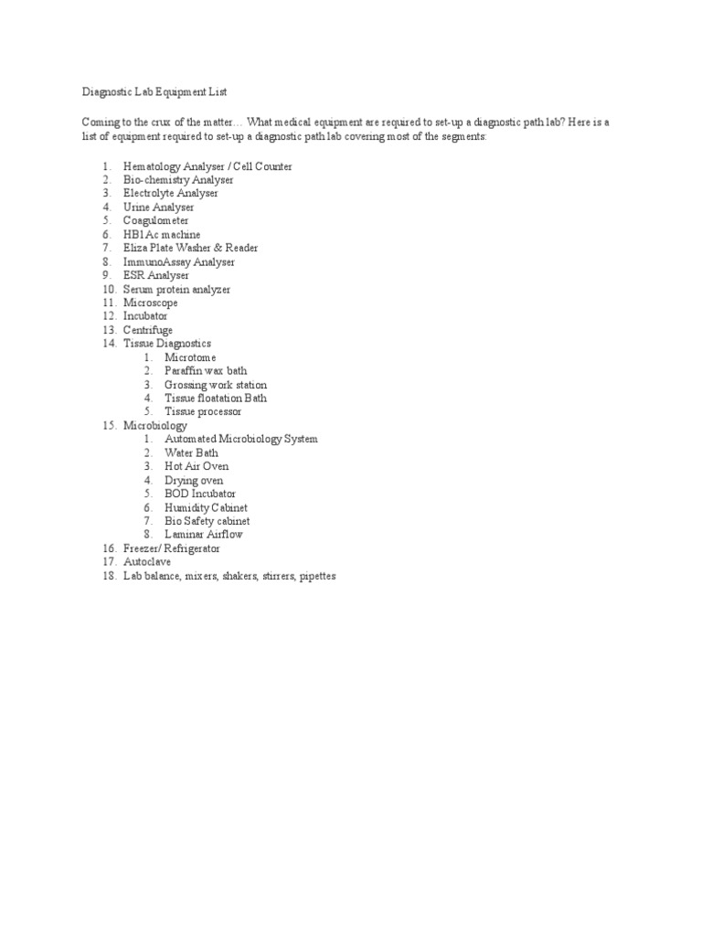 Diagnostic Lab Equipment List | PDF