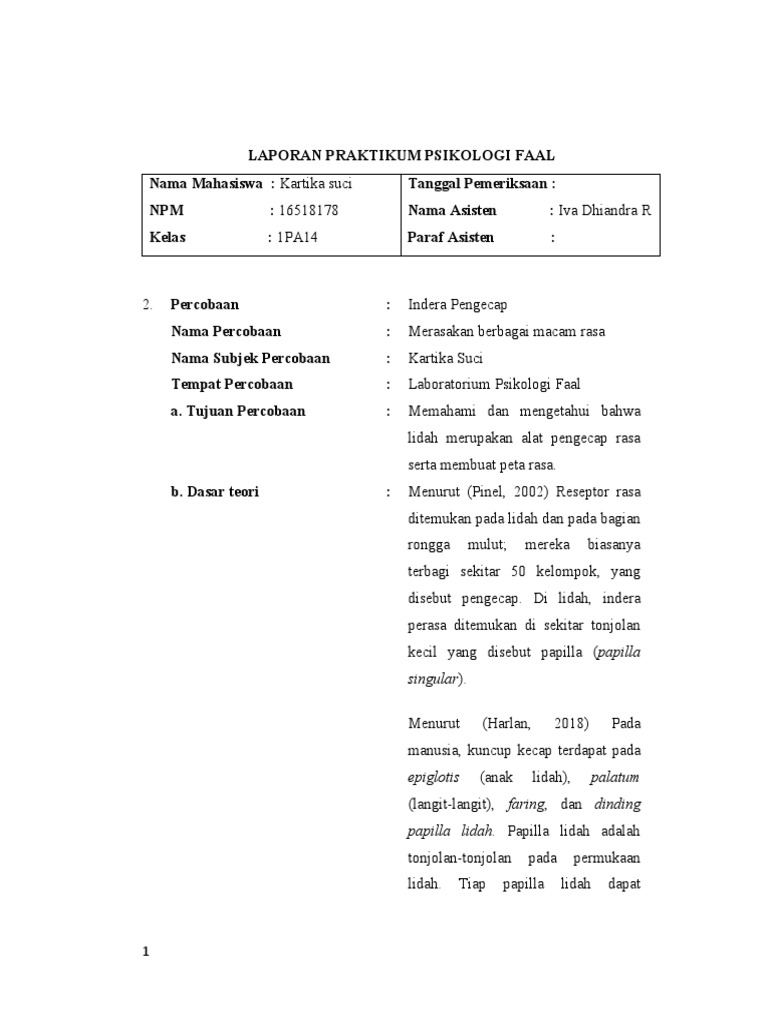 Laporan Praktikum Indera Pengecap | PDF