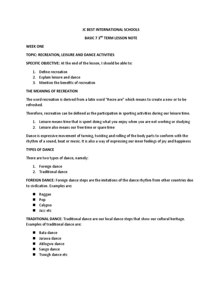 Basic 7 3RD Term Lesson Note On Phe | PDF | Foods | Swimming