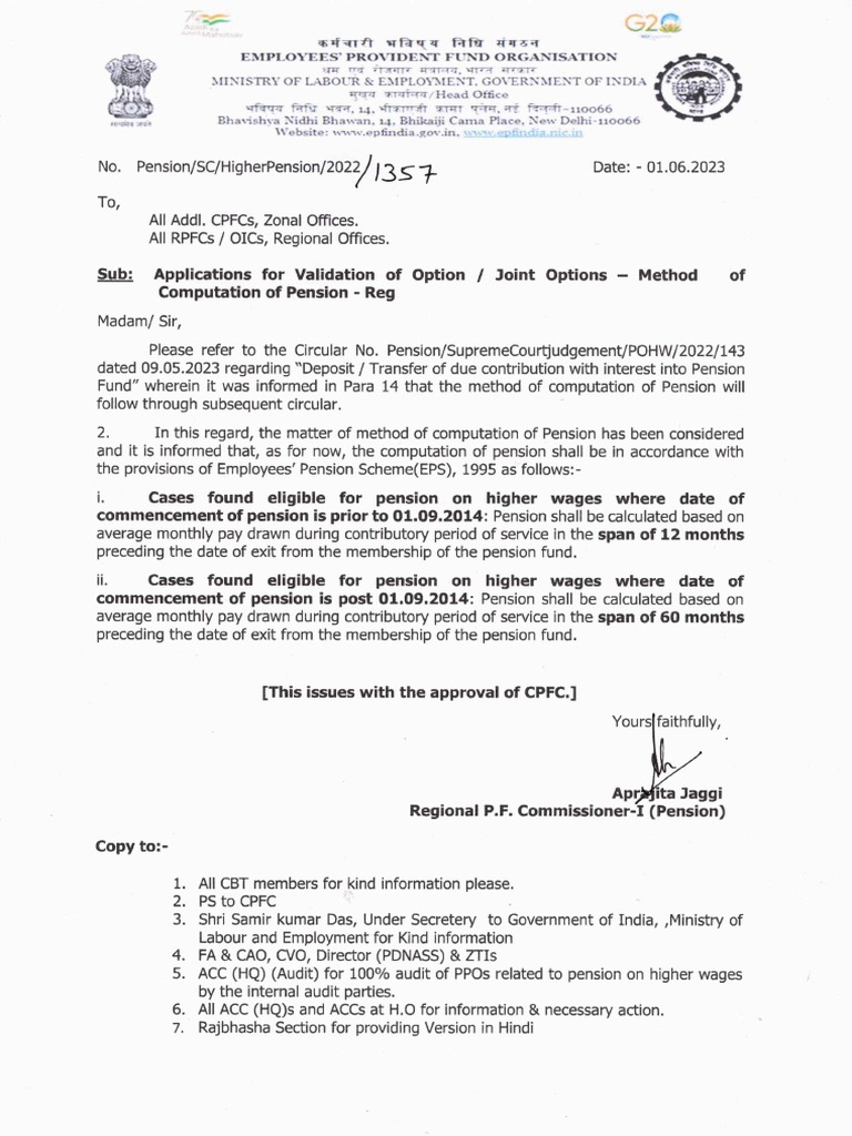 PF Circular on Higher Pension Calculation | PDF