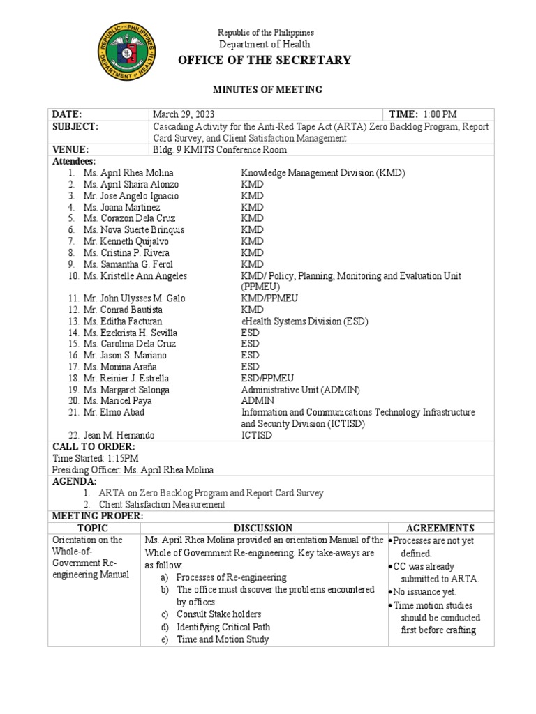MINUTES OF MEETING - ARTA On Zero Backlog Program and Report Card ...