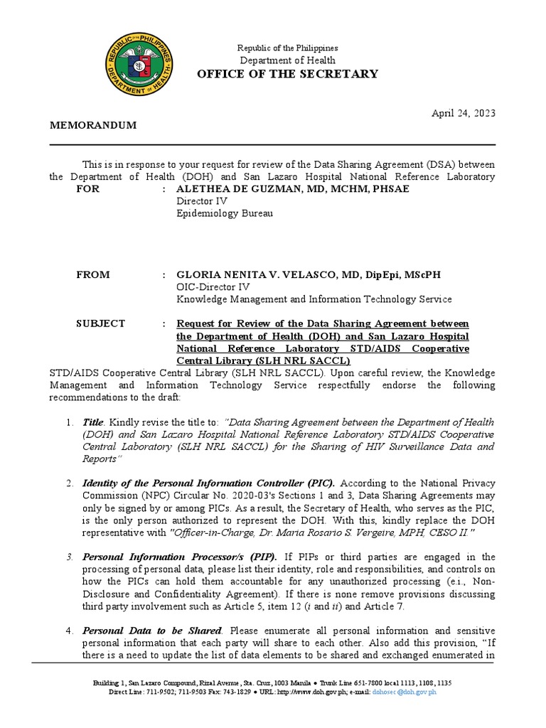 DOH-SLH HIV Data Sharing Review | PDF | Privacy | Data