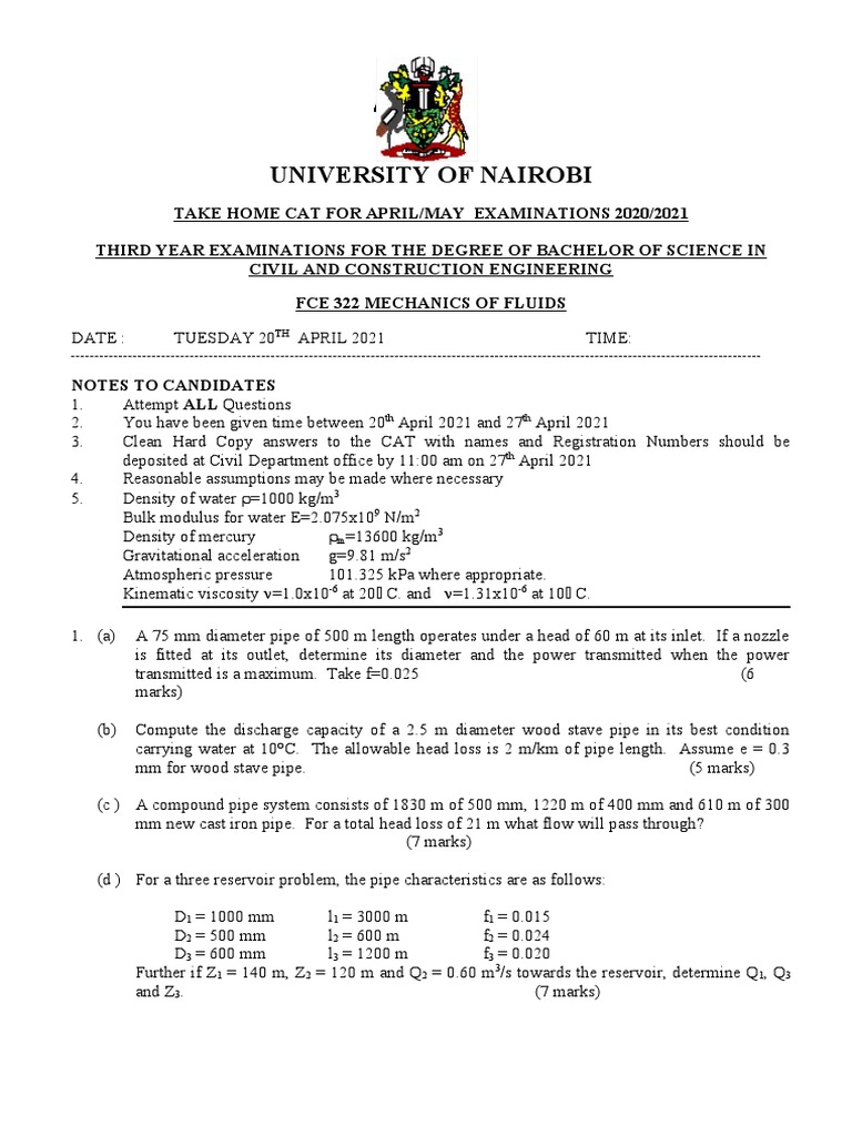 FCE 322 CAT April 2021 | PDF | Reynolds Number | Boundary Layer