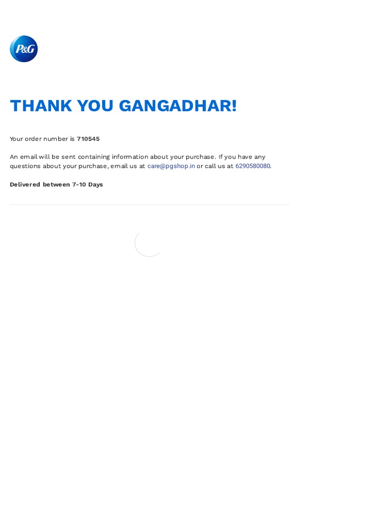 Order Confirmation - PG Shop - Owned by BGDPL, Authorised P&G ...