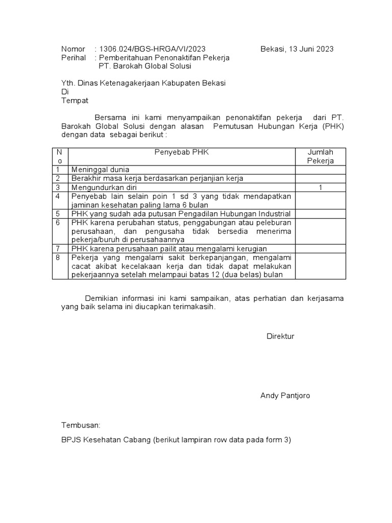 Template Surat Pemberitahuan Dokumen Yang Mengalami PHK | PDF