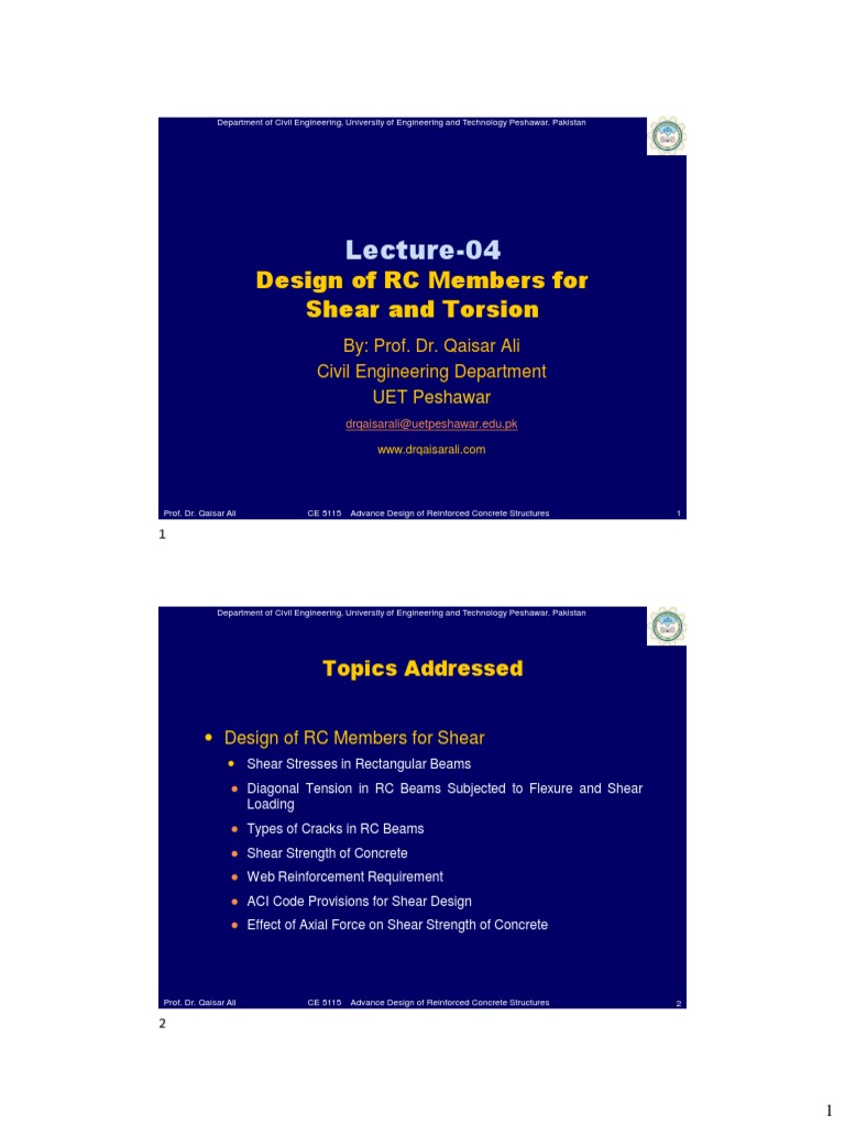 Lecture 04 Design of RC Members For Shear and Torsion | PDF | Bending | Beam (Structure)