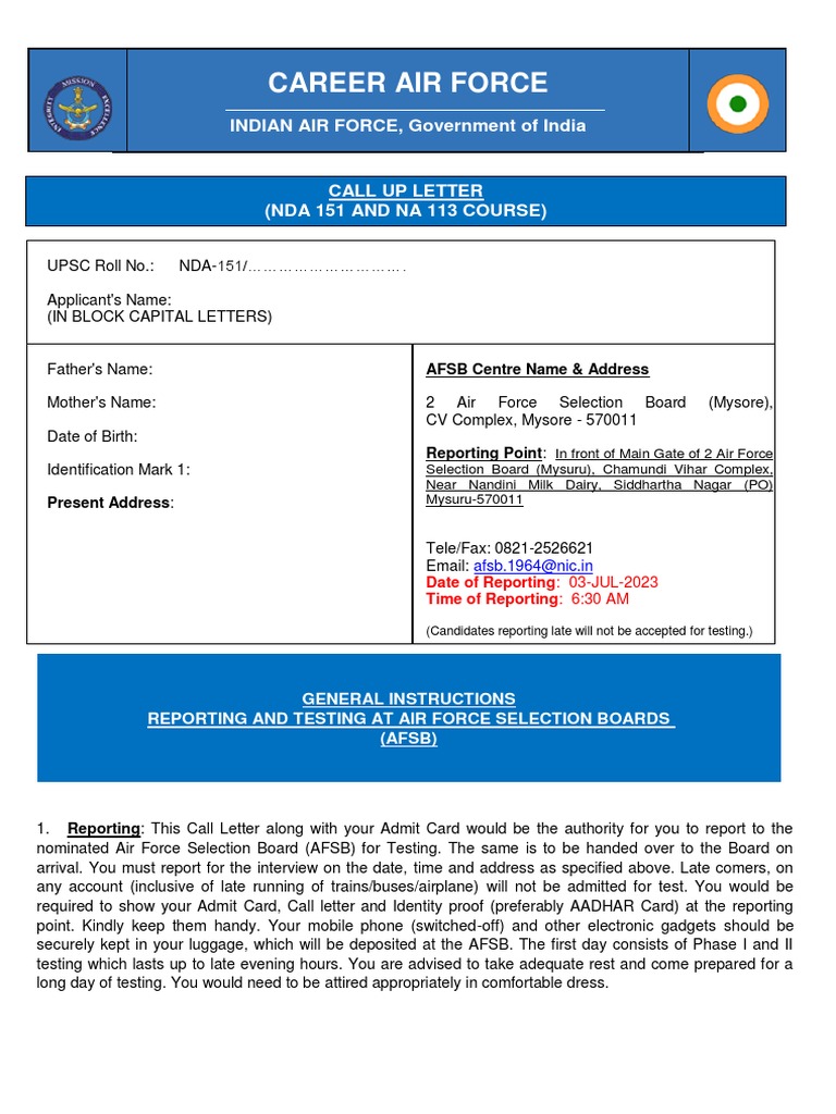 Nda 151 Call Letter For 2 Afsb - 03 Jul 23 | PDF | Identity Document ...