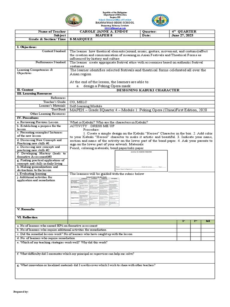 Daily Lesson Plan in Mapeh 8 Arts 3 | Download Free PDF | Learning | Teachers
