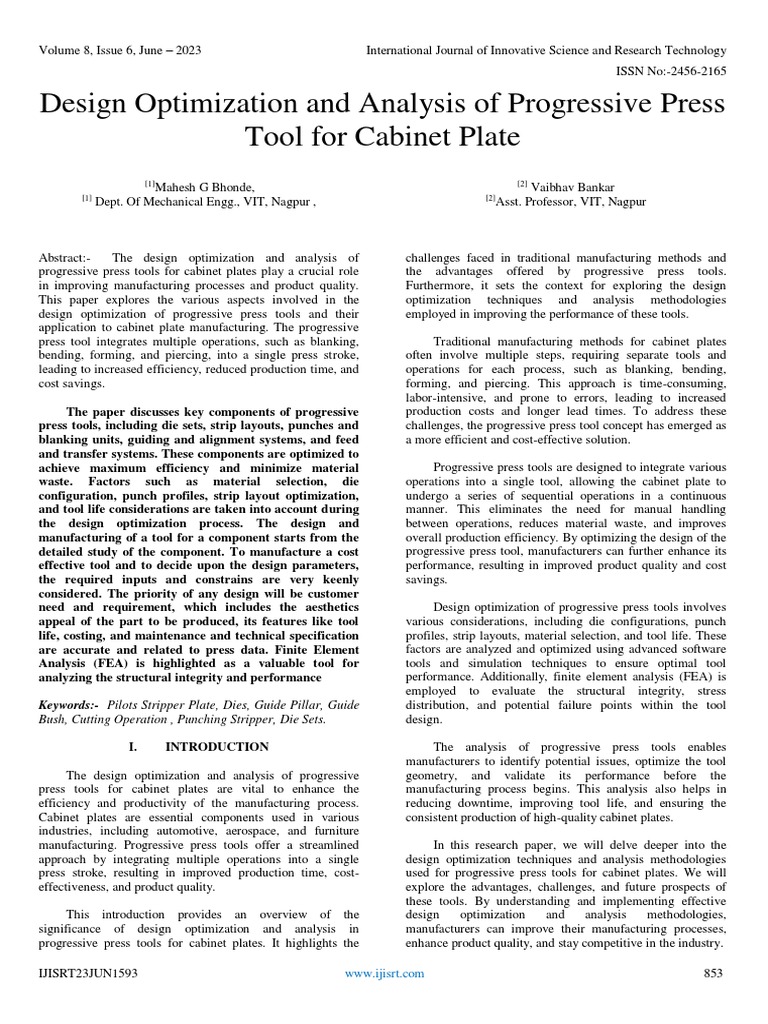 Design Optimization and Analysis of Progressive Press Tool For Cabinet Plate | PDF ...