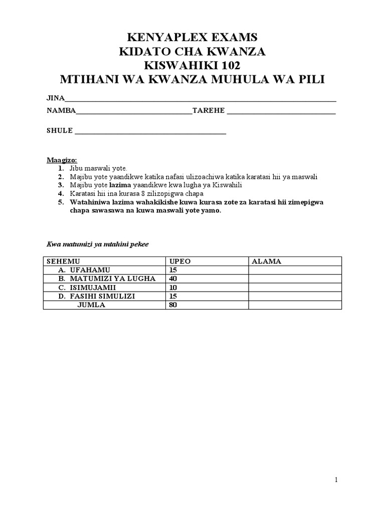 Kiswahili f1 Qs | PDF