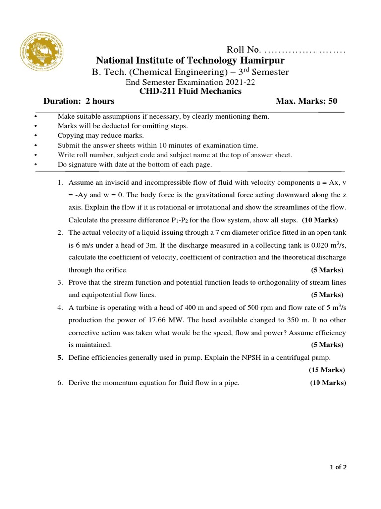 FM End-Sem Question Paper - 2021 | PDF | Fluid Dynamics | Pump