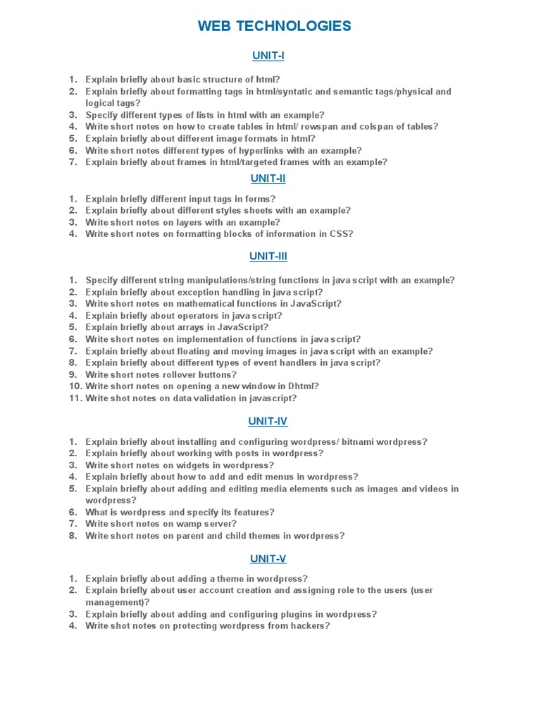 BSC Web Technologies Important Questions | PDF | Word Press | Java Script