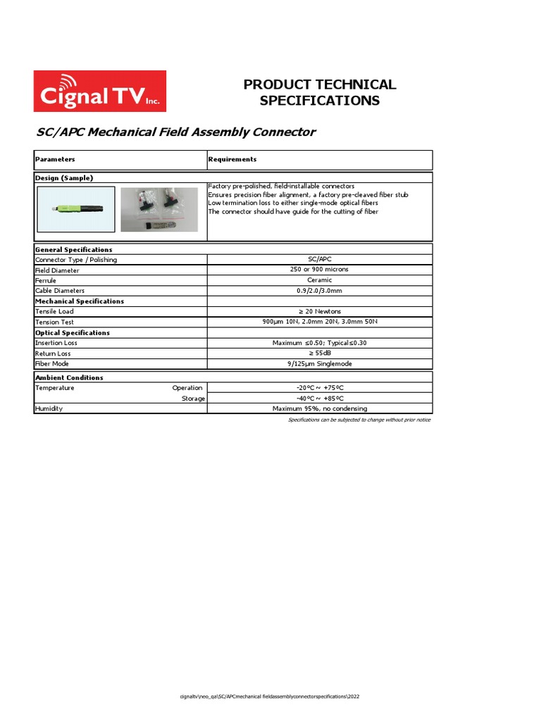 SC-APC Mechanical Field Assembly Connector Technical Specifications | PDF