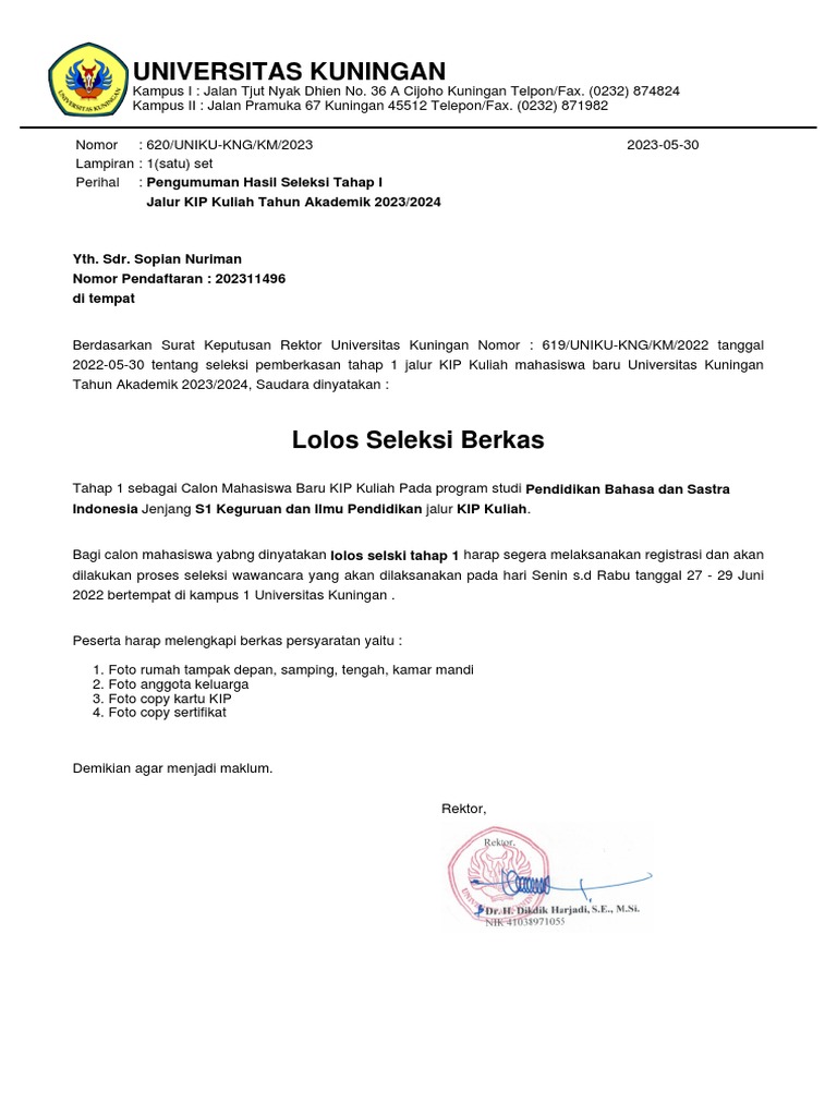Surat Hasil Seleksi-1 | PDF