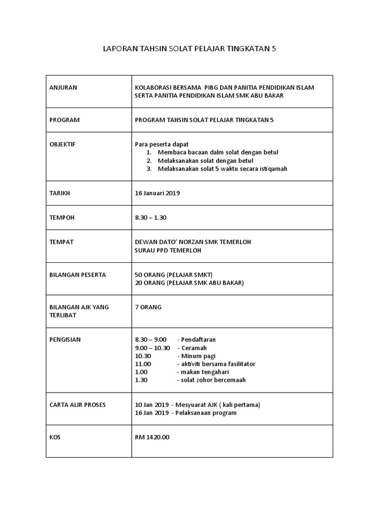 CONTOH LAPORAN TAHSIN SOLAT TG5 2019 | PDF
