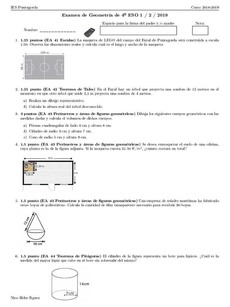 Examen Geometr A Semejanza Tales y Reas y Figuras Geom Trica | PDF | Arte