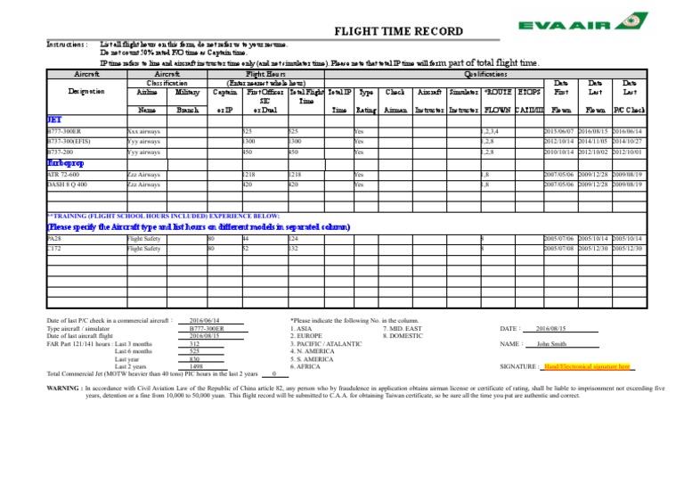 2-2. EVA Air Flight Time Record Form-Sample | PDF | Flight Instructor ...