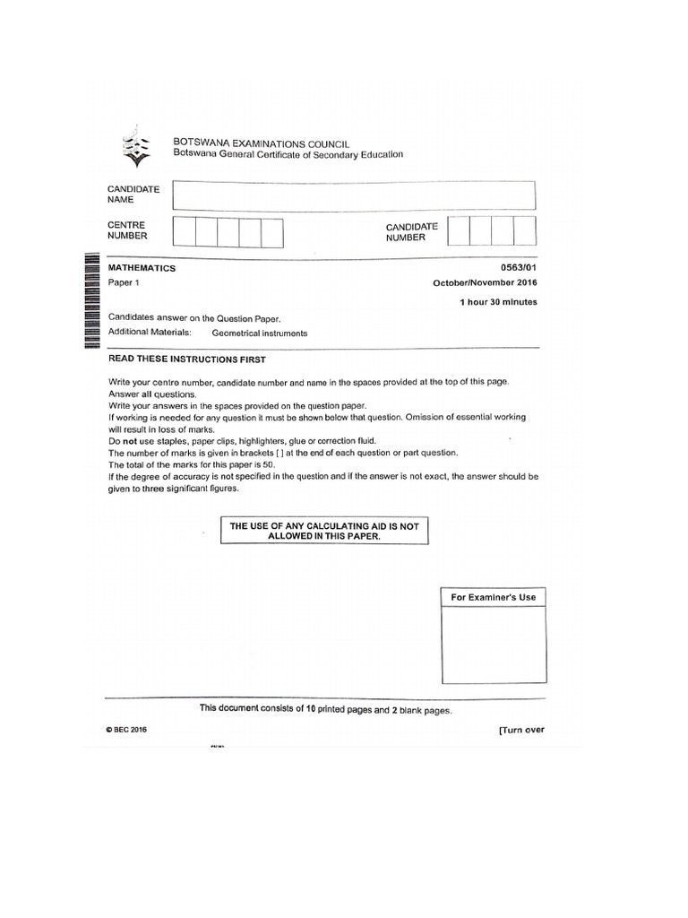 BGCSE MATHS PAPER 1 2016 | PDF