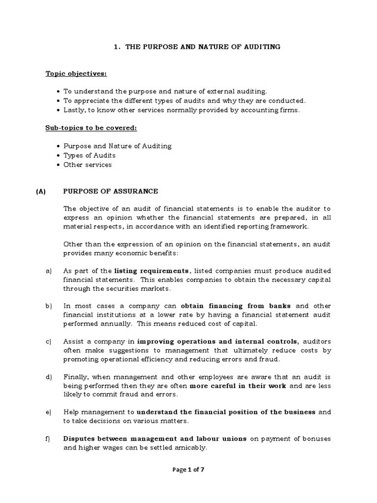 Topic 1 - The Purpose and Nature of Auditing | PDF | Audit | Financial ...