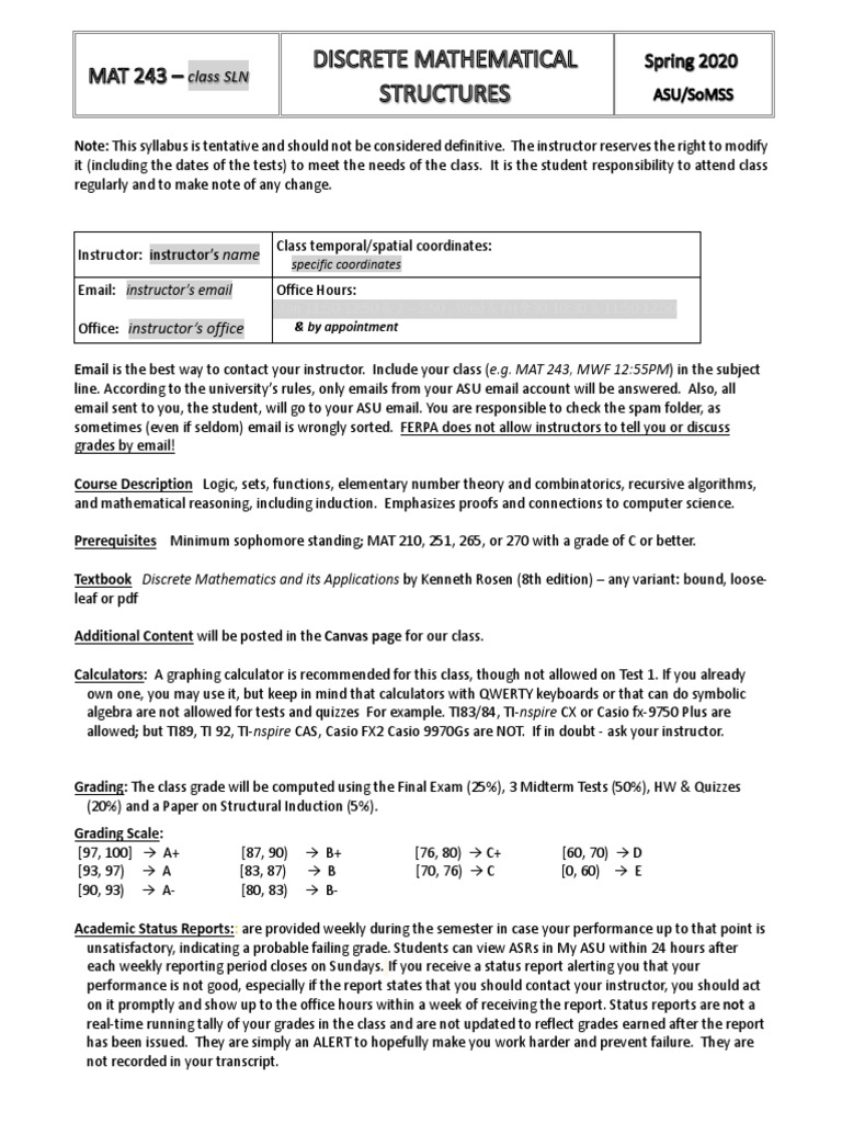 Mat 243 - Spring 2020 - Sample Syllabus | PDF | Title Ix | Algorithms
