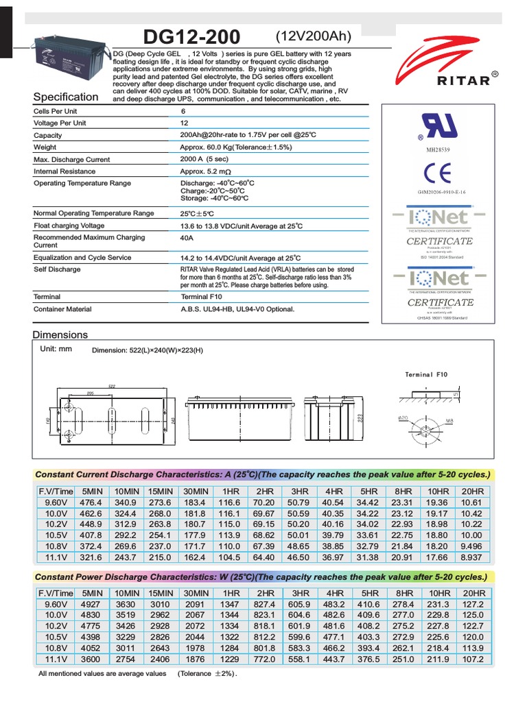 Battery Specifications RITAR - DG12-200 | PDF | Galvanic Cells | Metrology