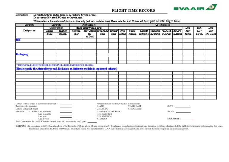 2-1. EVA Flight Time Record Form-2019 | PDF | Flight Instructor | Aviation