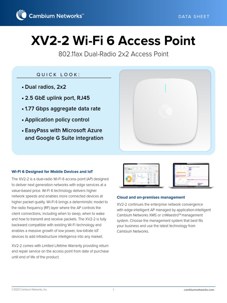 Cambium Networks Data Sheet WiFi-6 XV2-2 AP | PDF | Ieee 802.11 | Wi Fi