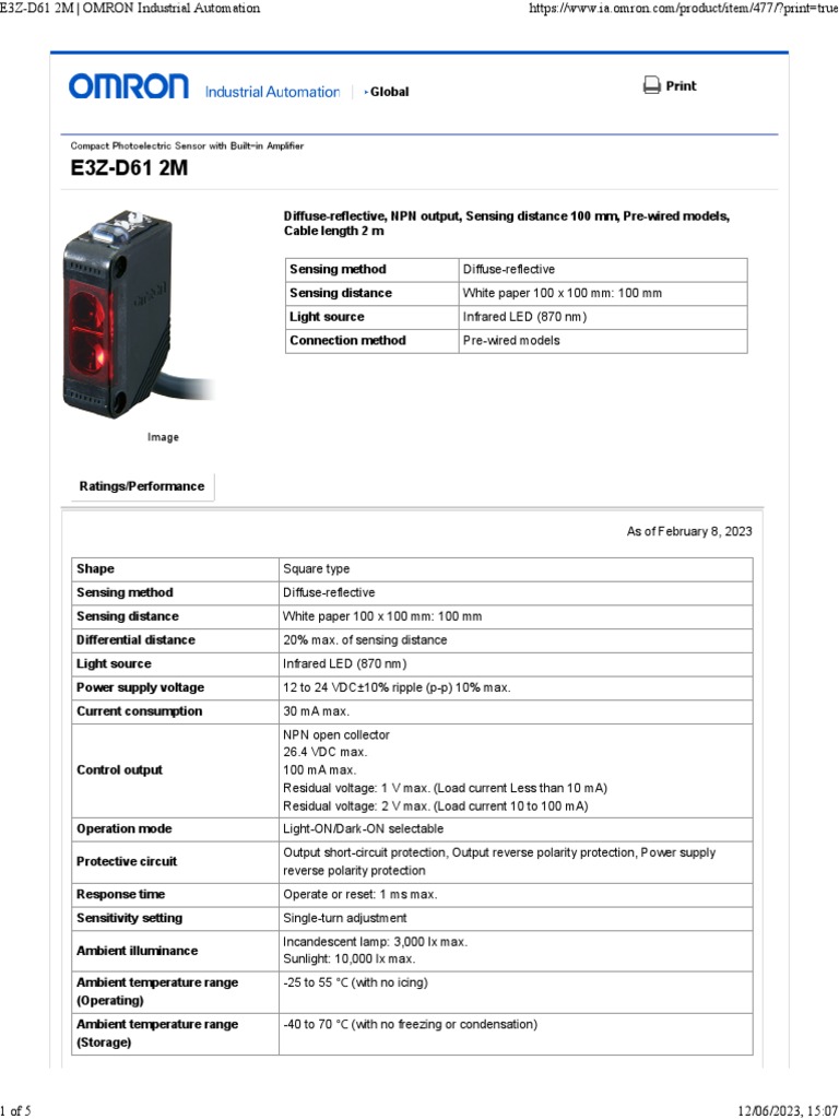 Omron E3z D61 Photoelectric Sensor Datasheet Pdf Power Supply