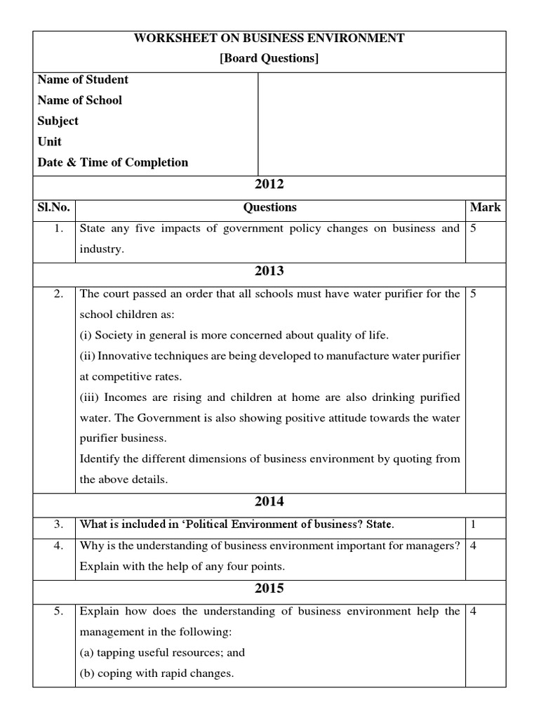 Business Environment Worksheet for Class 12 | PDF | Market (Economics ...