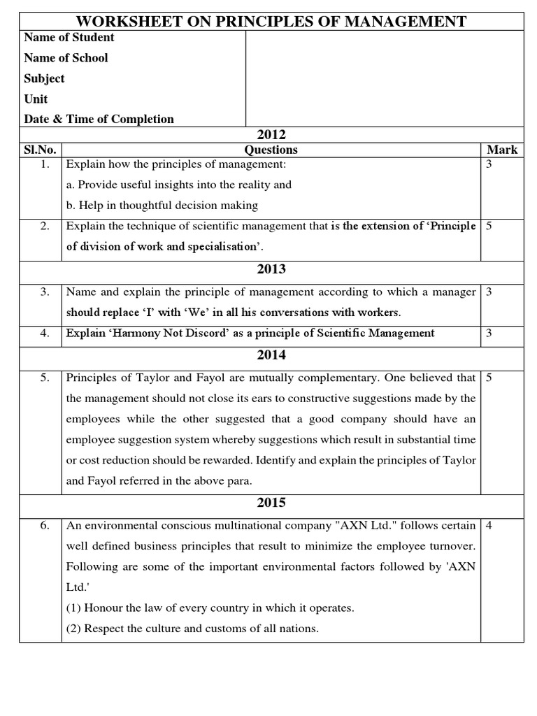 Management Principles Worksheet | PDF | Economies | Business