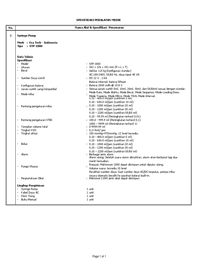 Spesifikasi Syringe Pump SYP 1000 | PDF
