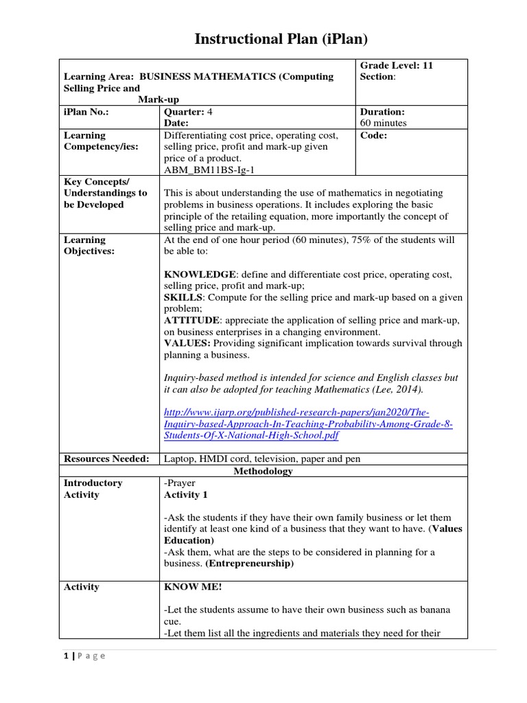 Instructional Plan (Iplan) | PDF | Learning | Inquiry Based Learning