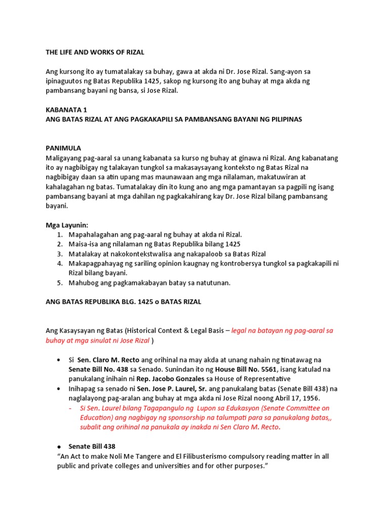 THE LIFE AND WORKS OF RIZAL - BATAS RIZAL | PDF