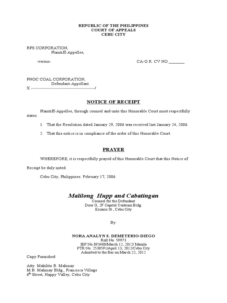 Sample - Notice of Receipt | PDF