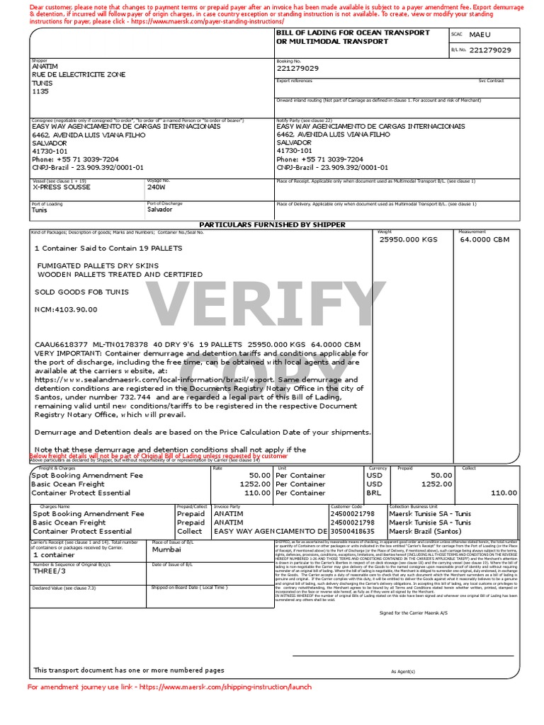 BL 221279029 | PDF | Bill Of Lading | Cargo