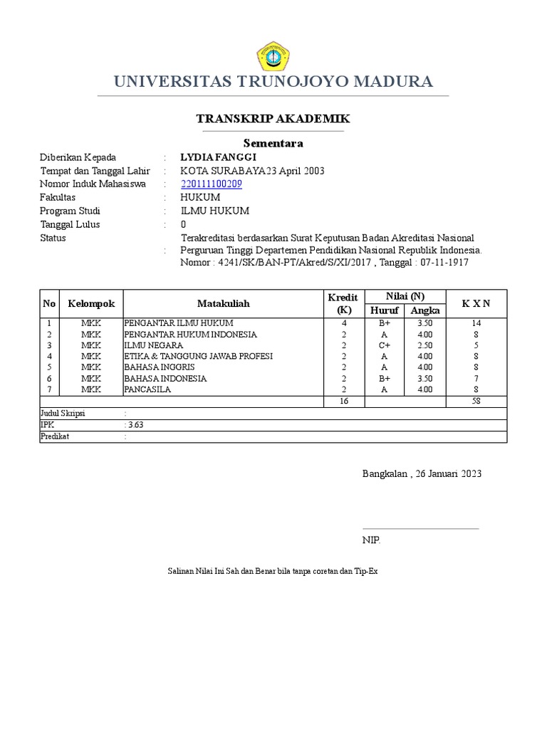 Transkrip Mahasiswa | PDF