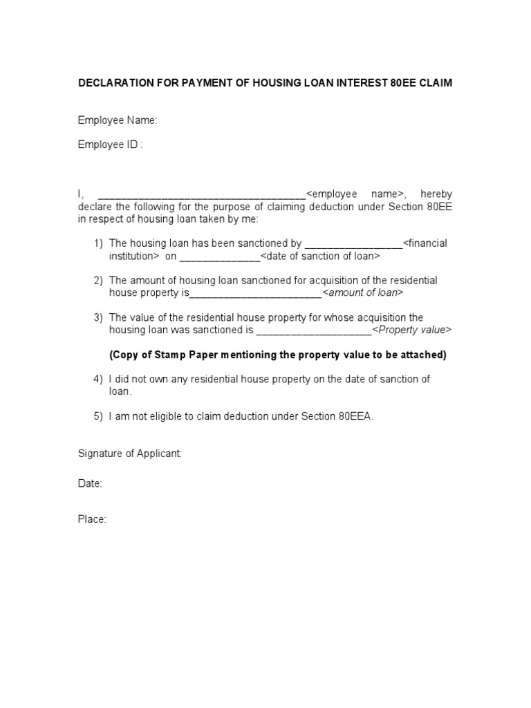 Annexure 7 - Declaration For Housing Loan Interest - 80EE | PDF ...
