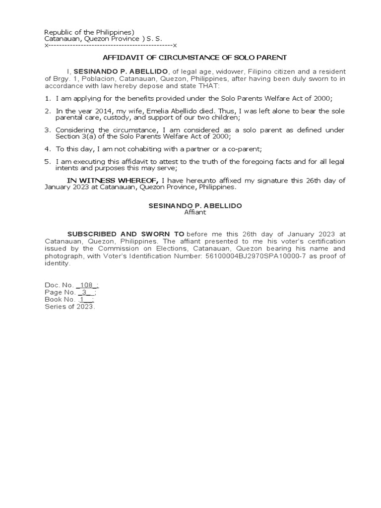 Affidavit of Circumstance of Solo Parent Abellido (Dead Spouse) | PDF