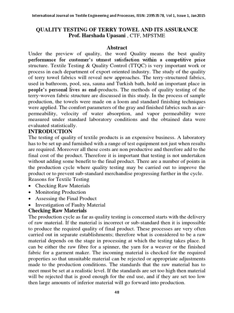 Terry Towel Quality Testing Standards | PDF | Textiles | Dyeing
