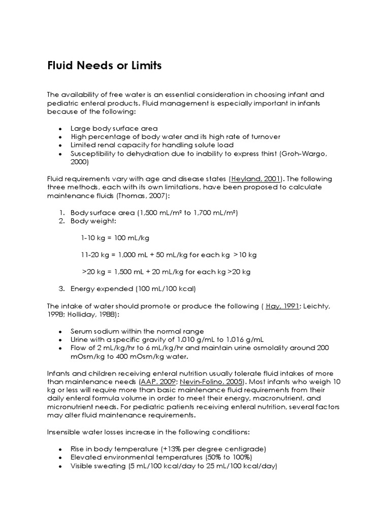 Calculation of Fluid Needs or Limits | PDF | Dehydration | Medical ...