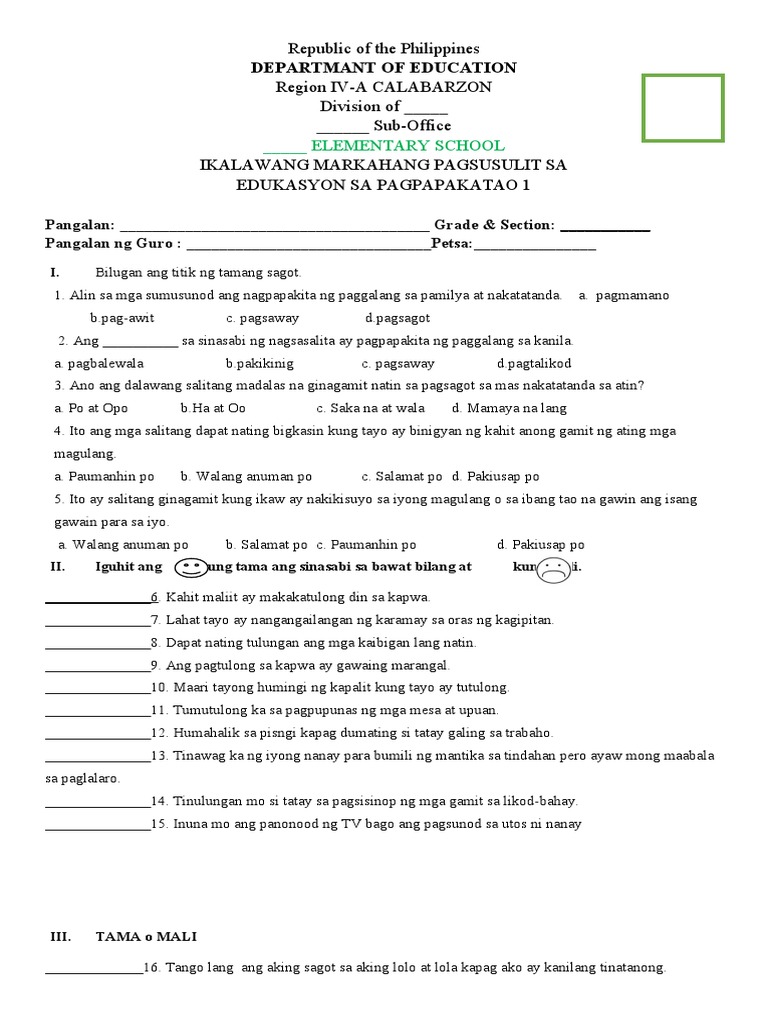 ESP Q2 GRADE 1 PERIODICAL TEST | PDF